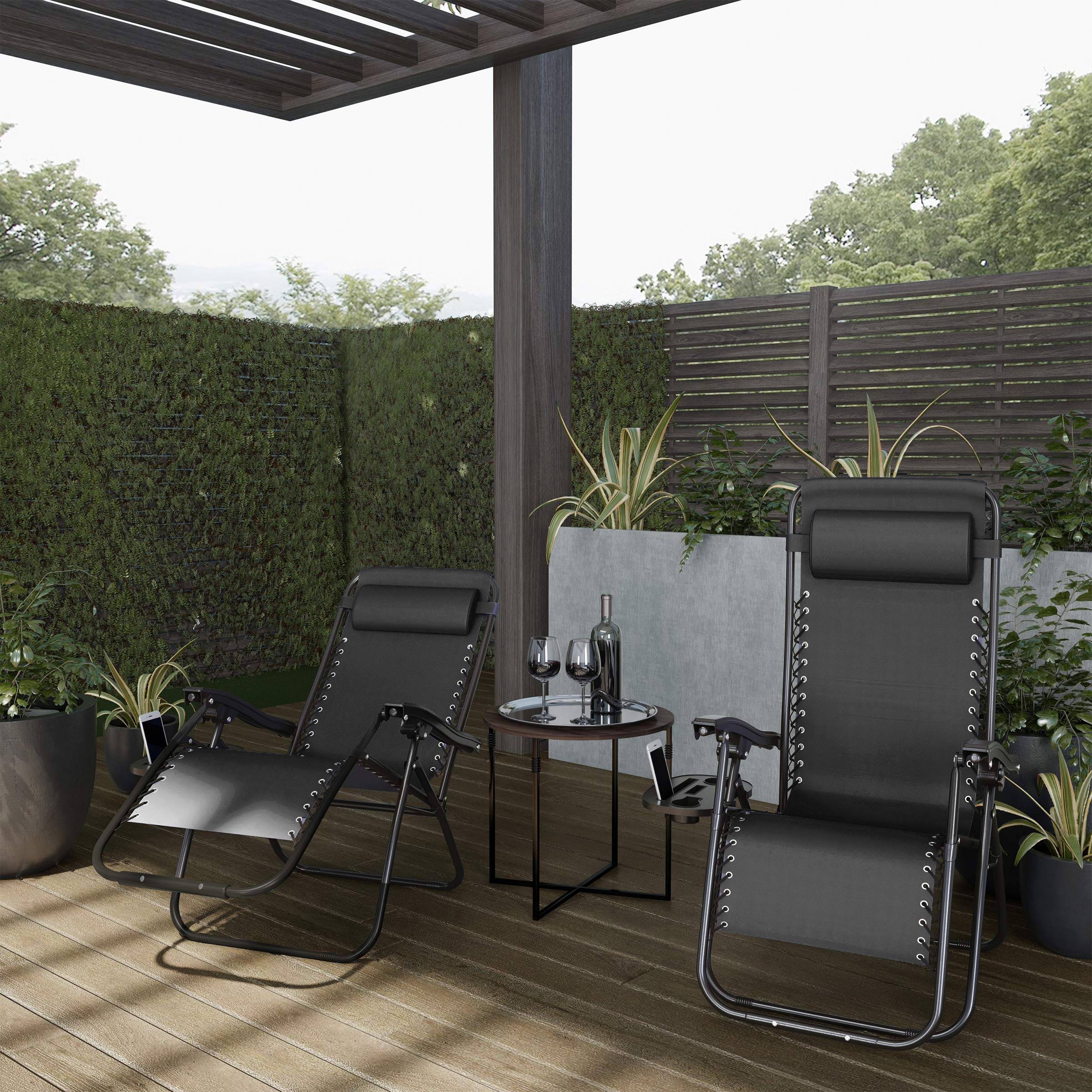 Lavish Home Set of 2 Zero-Gravity Chairs - Folding Patio Furniture - Outdoor Recliners with Side Table, Cup/Phone Holder, and Chair Pillow (Black)