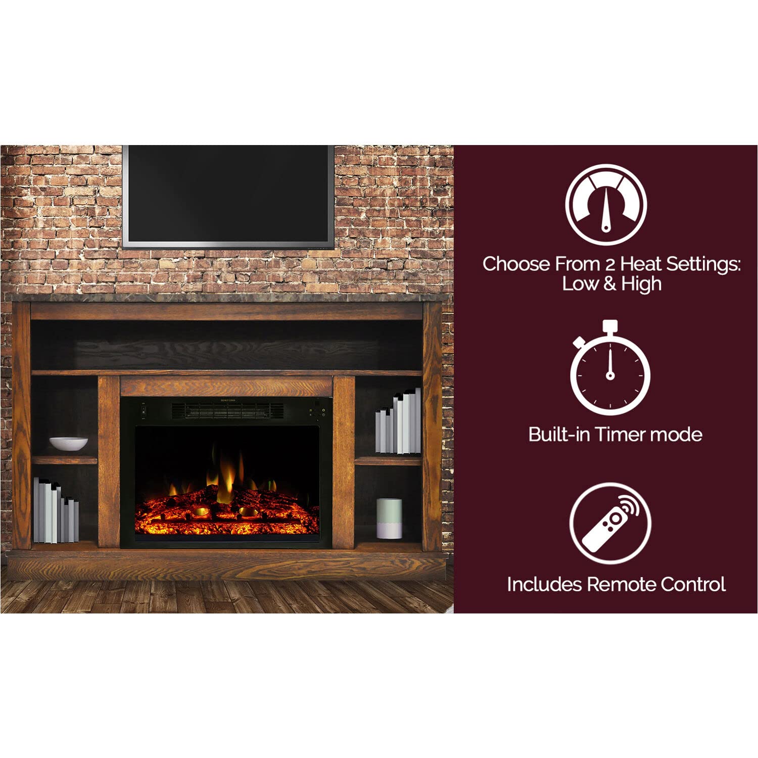 Cambridge Seville 47'' Freestanding Electric Fireplace with Log Insert, Remote, Multi-Color Flame, Walnut Mantel, For Rooms up to 210 Sq.Ft., Adjustable Heat Settings, Timer