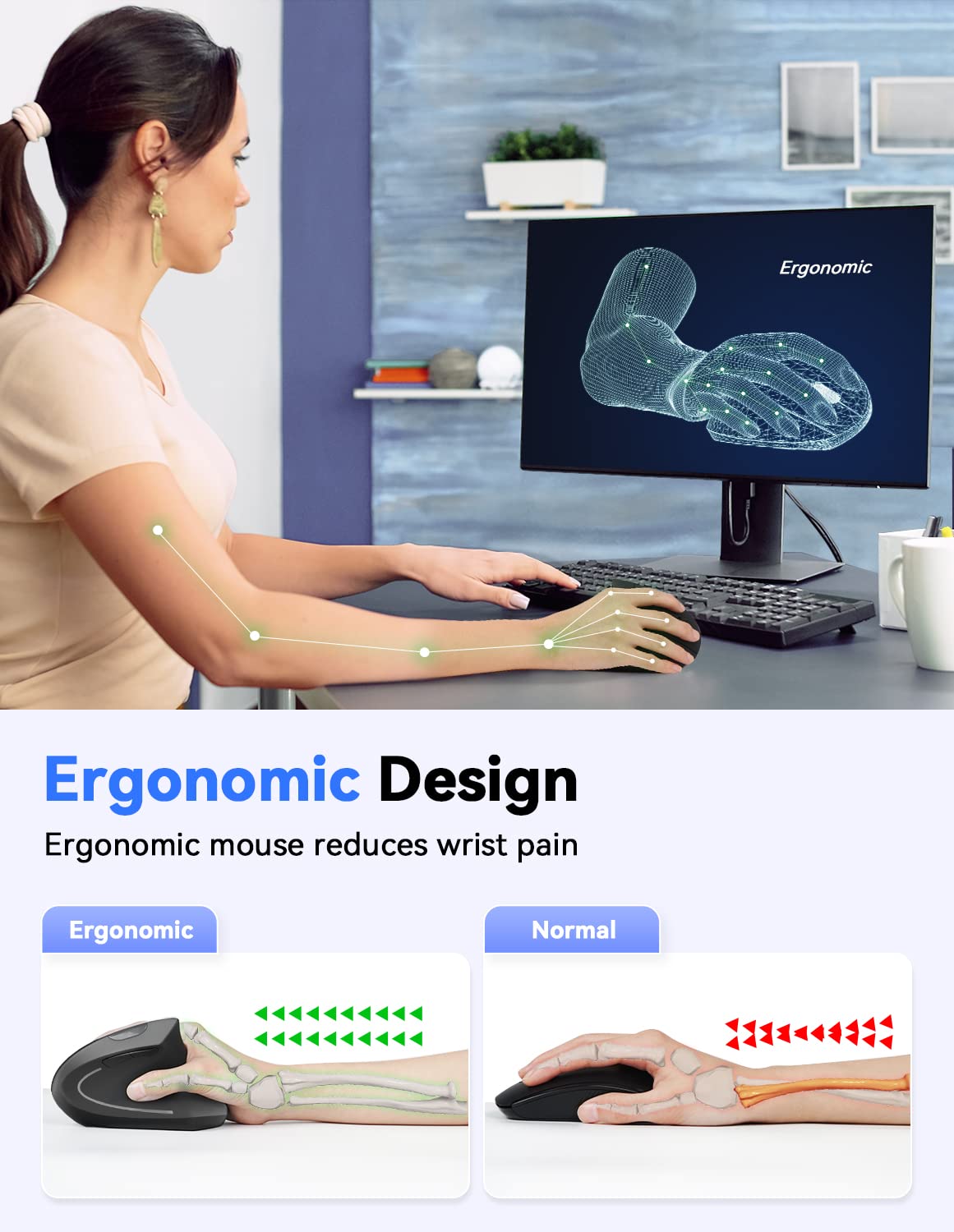 TECKNET Ergonomic Mouse, 4800 DPI Wireless Vertical Mouse with 5 Adjustable DPI Levels, 2.4GHz Optical Carpal Tunnel Mouse, 6 Buttons Wireless Mouse for Laptop, Desktop, PC, MacBook - Grey