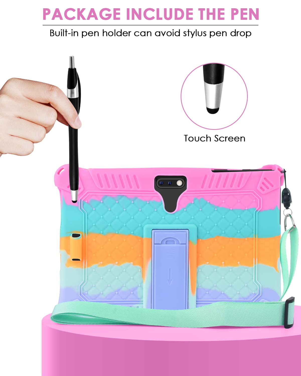 DETUOSI 10.1 inch Tablet Case Compatible with ZZB ‎YQ10S 10.1, ANTEMPER Touch 10.1, Gowin Touch 10.1, WECOOL WM1001R 10 inch, Soft Silicone Lightweight Case with Stylus Pen & Strap, Dazzling Pink