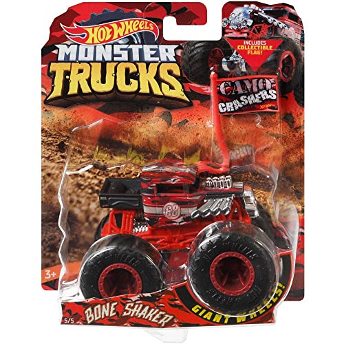 Hot Wheels Monster Trucks 1:64 Scale Die-Cast Vehicle - Camo Crashers 5/5 ~ Bone Shaker with Collectible Flag