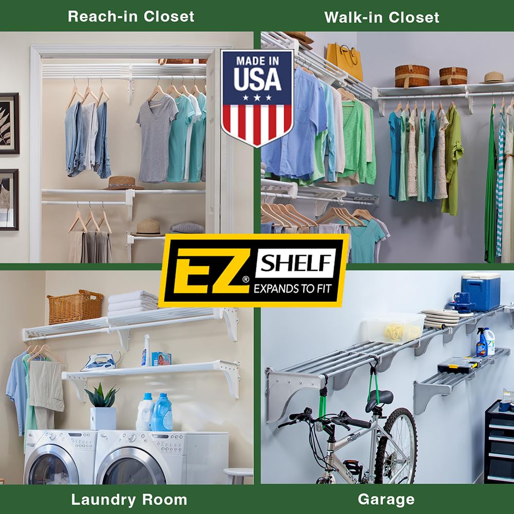 EZ Shelf - DIY Expandable Closet Shelf (NO Hanging Rod) - 40.5β to 73β - White - Easy to Install to 2 Sidewalls -(EZS-SW72)- Wire Closet Shelving Alternative
