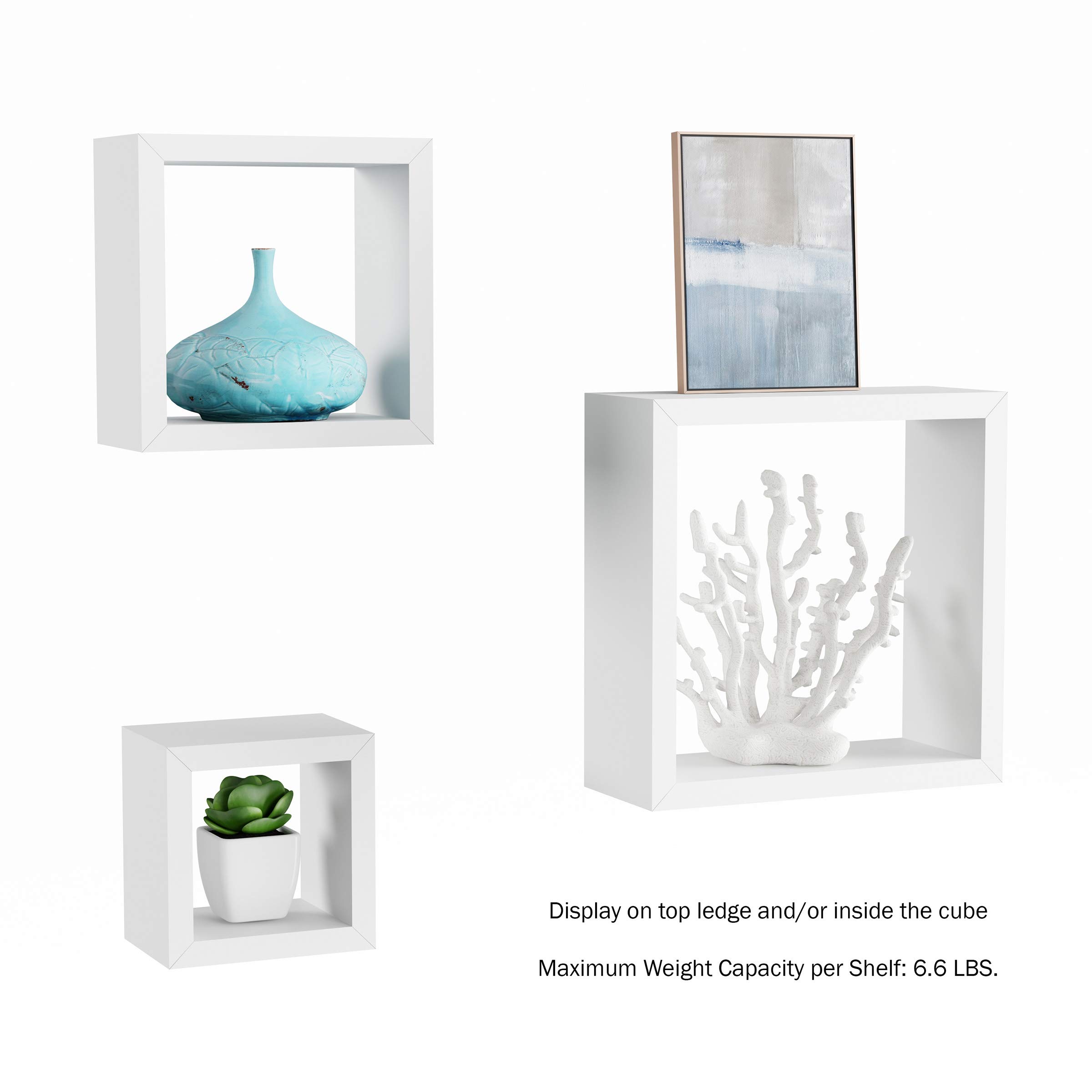 Floating Shelves- Open Cube Wall Shelf Set with Hidden Brackets, 3 Sizes to Display Décor, Photos, More- Hardware Included by Lavish Home (White)