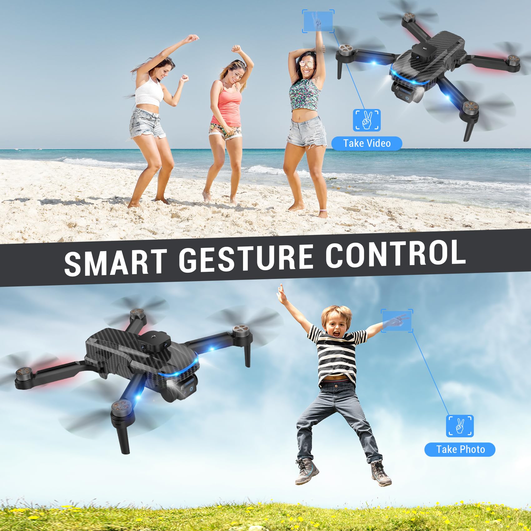 Carbon Fiber Shell 2K Camera Drone,Dual Camera,Four-Sided Obstacle Avoidance,One-Button Lift/Land,2 Modular Batteries,for Children and Beginners