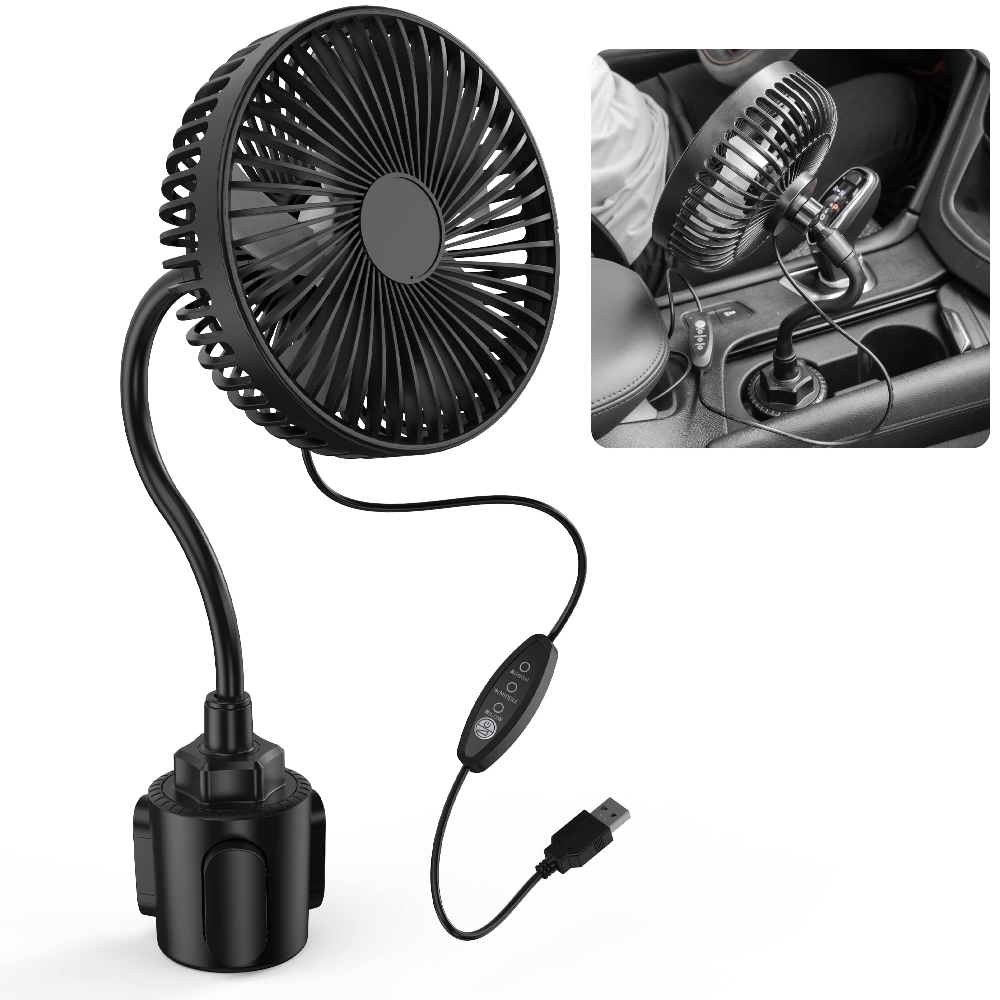 Car Cooling Fan, 6 Inch Slim Air Circulator Fan, 360° Rotation Bendable Gooseneck 3 Speeds USB Powered with Retractable Mounting Cup Base for Car Truck SUV RV Bus