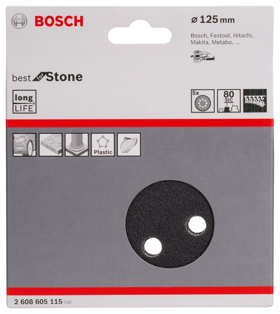 Bosch 2608605115 Sanding Sheets for Random Orbit Sanders, Best for Stone-125 mm Diameter, 8 holes-80 grit, Black, 125 mm