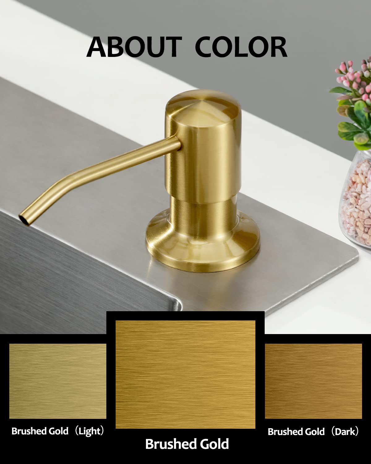Built in Soap Dispenser for Kitchen Sink, Stainless Steel (Gold), Pump Set for Dish Soap or Lotion, Refill from The Top, Sink Soap Dispenser for Countertop, 17 OZ Large