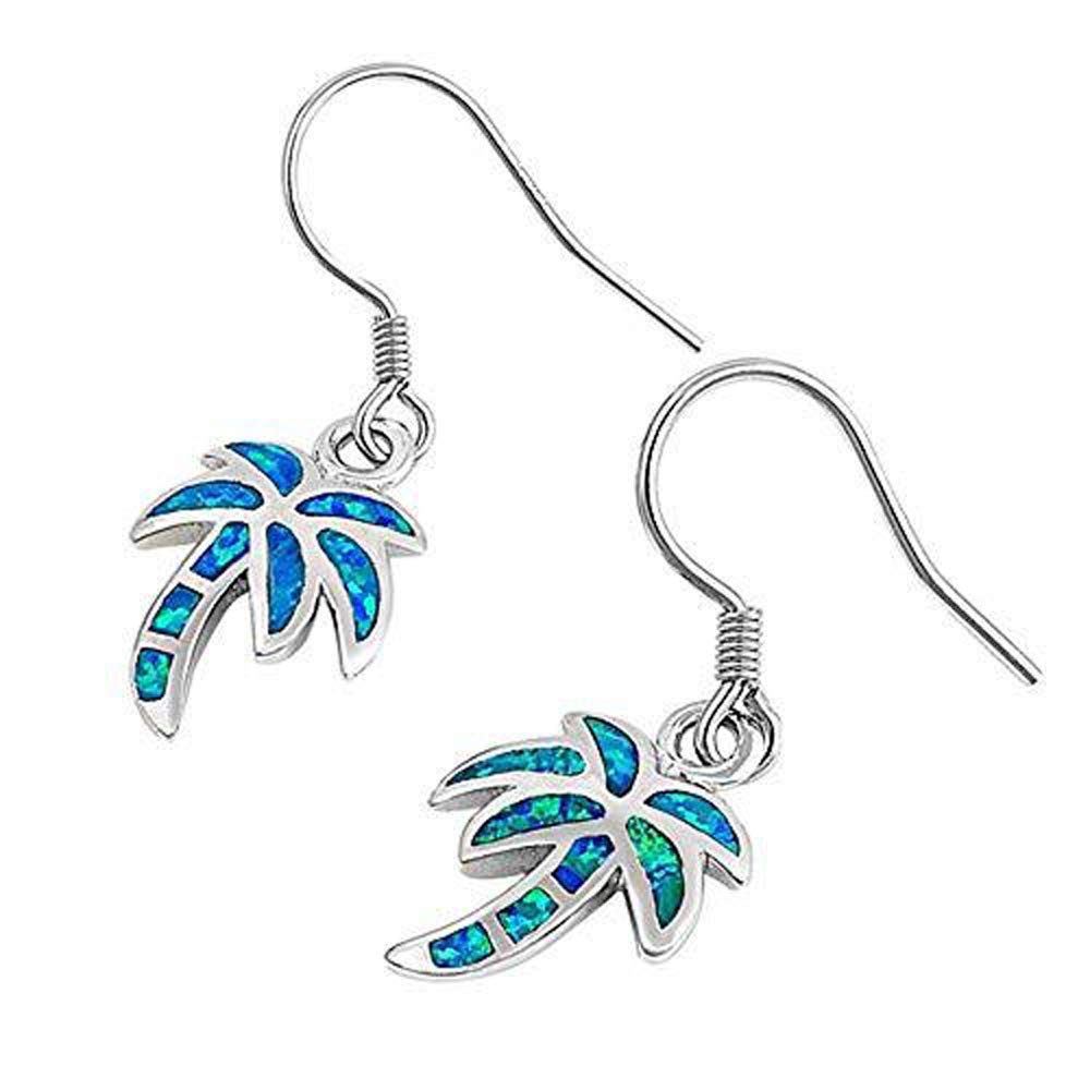 Blue Simulated Opal Palm Tree Fishhook Earrings Sterling Silver