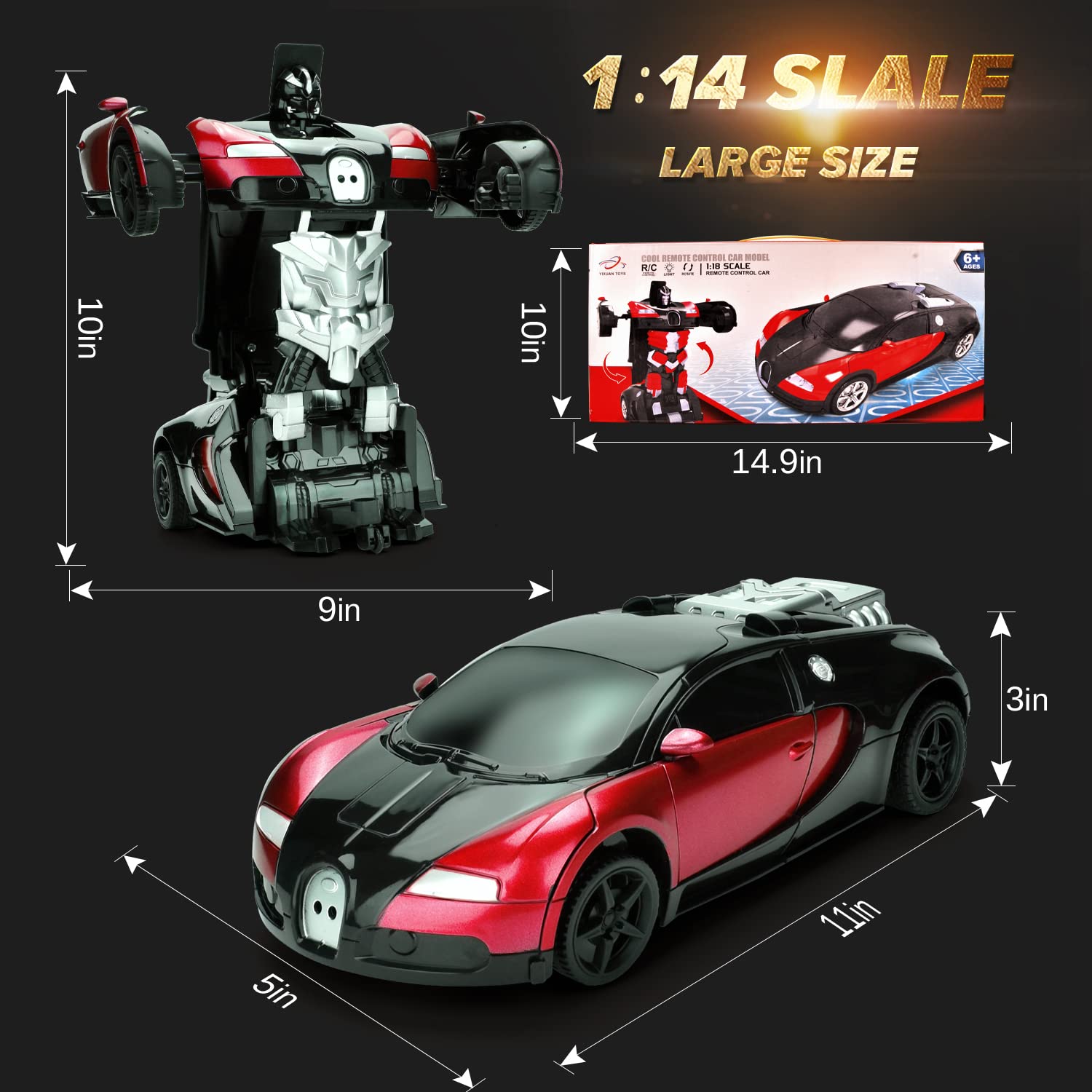 VillaCool Remote Control Car for 4 5 6 7 8-13 Year Old Kids, Exciting Transform Robot RC Car with One-Button Deformation & 360 Speed Drifting, New Year Birthday for Boys/Girls (Red)