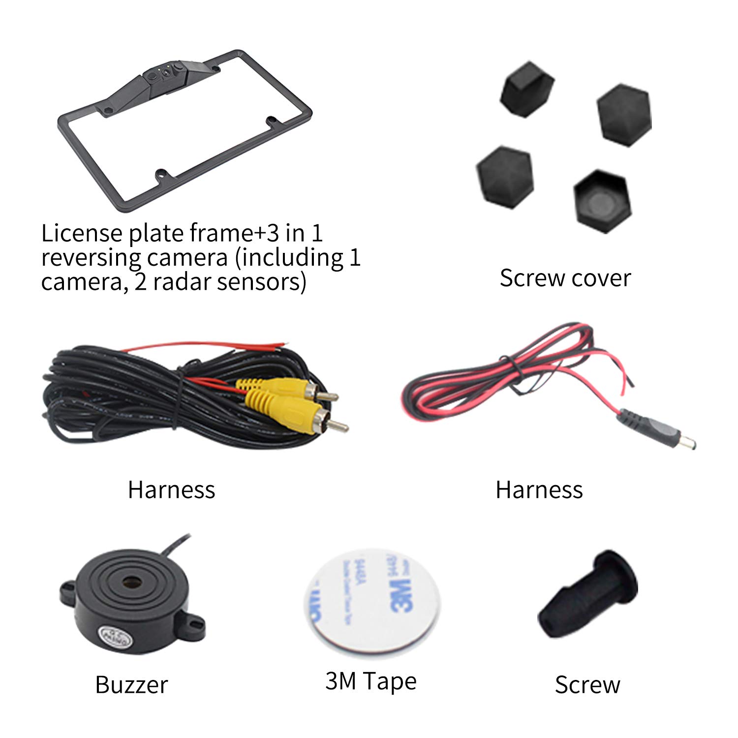 BY-J License Plate Frame with Car Reverse Backup Radar System, Parking Detector Monitor with Radar Sensor, 170 Degrees Night Vision Rear View Backup Camera, Parking Sensor Kit, for Car Pickup SUV