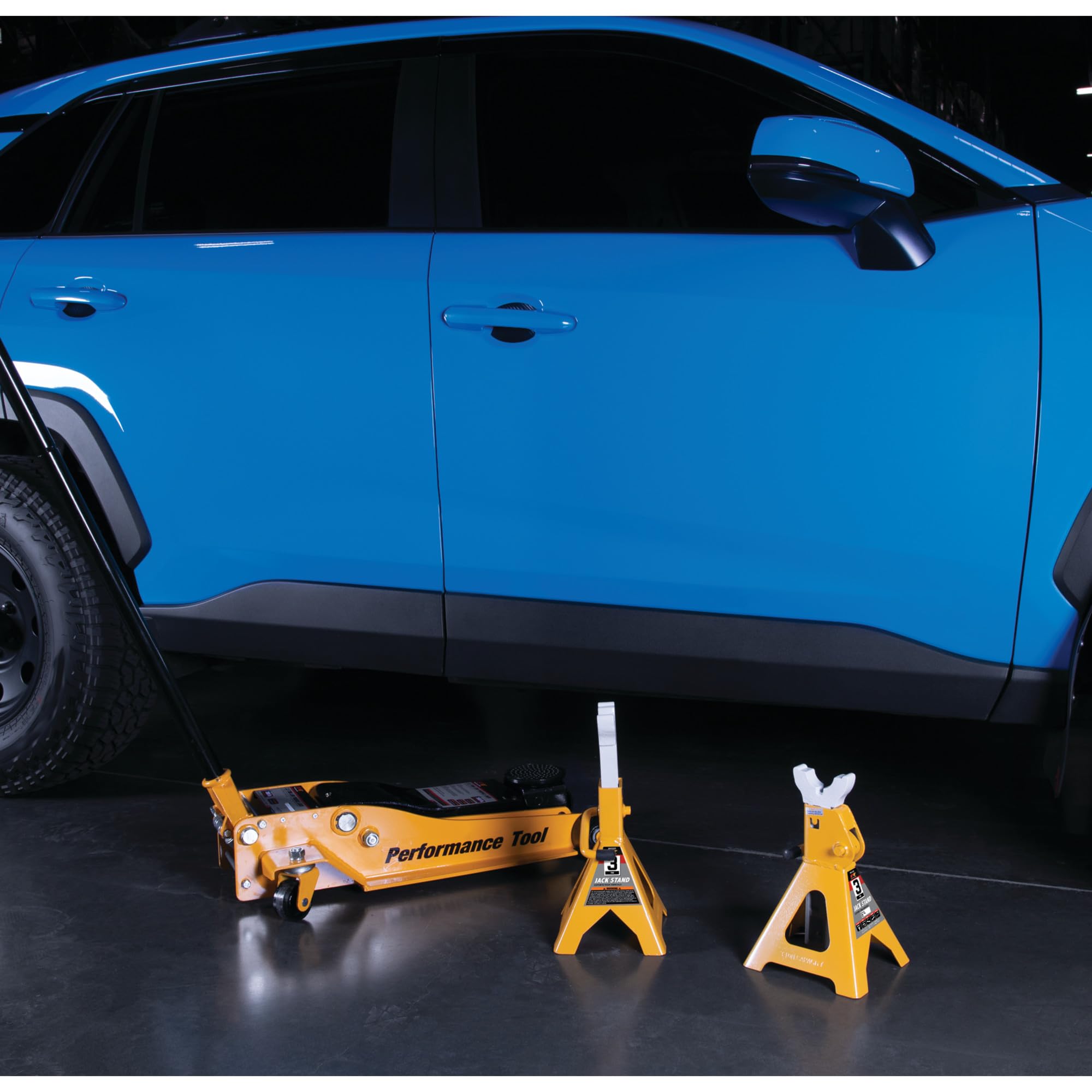 Performance Tool W41022 Ratchet Style Jack Stand Set for Lifting Vehicles During Maintenance, Yellow, 3-Ton