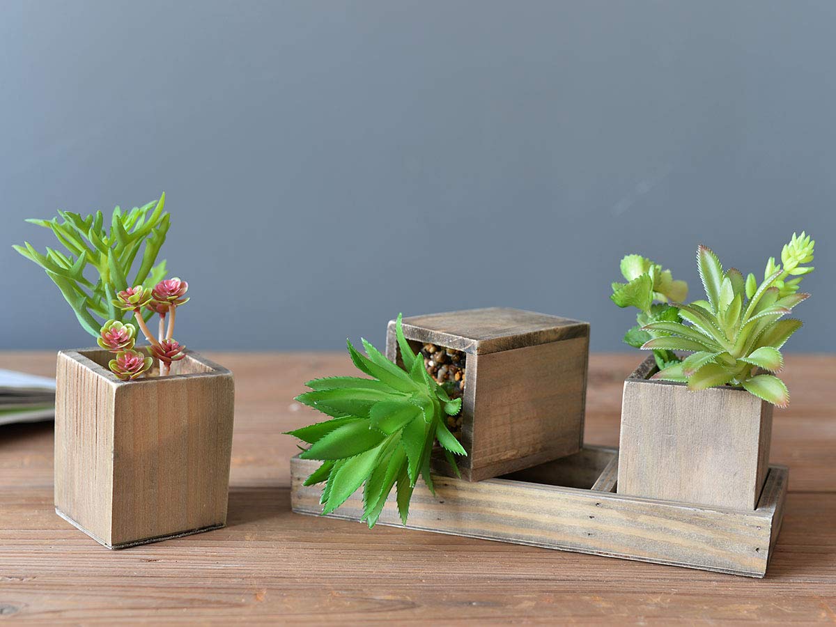 Set of 3 Fake Succulents Plants, Artificial Succulents with Rustic Style Wood Square Pots & Rectangular Tray, Desktop herb Garden Mini Faux Succulents for Home Décor