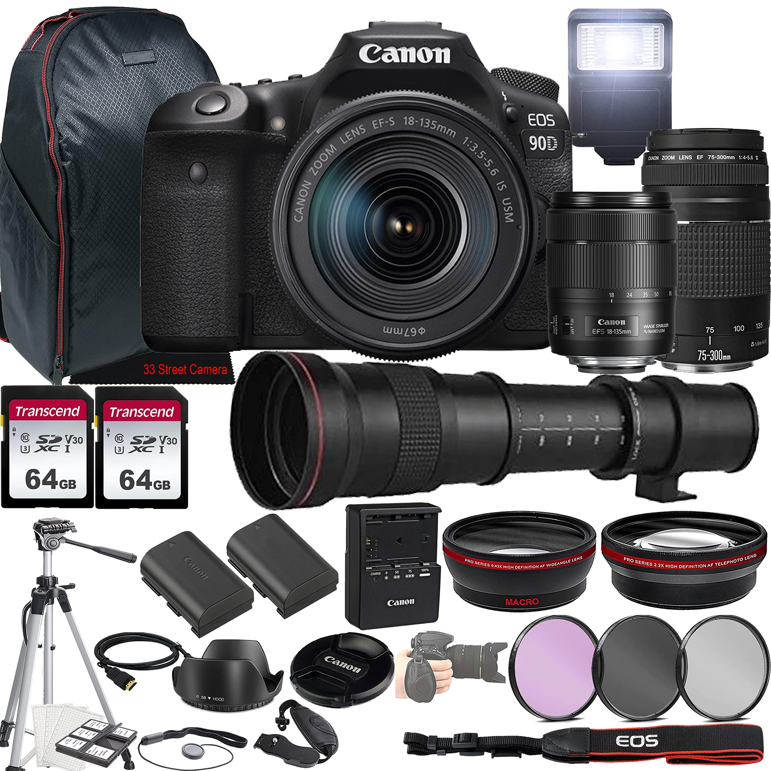 Canon EOS Rebel 90D DSLR Camera w/EF-S 18-135mm f/3.5-5.6 is USM Lens + EF 75-300mm f/4-5.6 III Lens + 420-800mm f/8.3 HD Lens + 2X 64GB Memory + Case + Filters + Tripod + More (35pc Bundle)