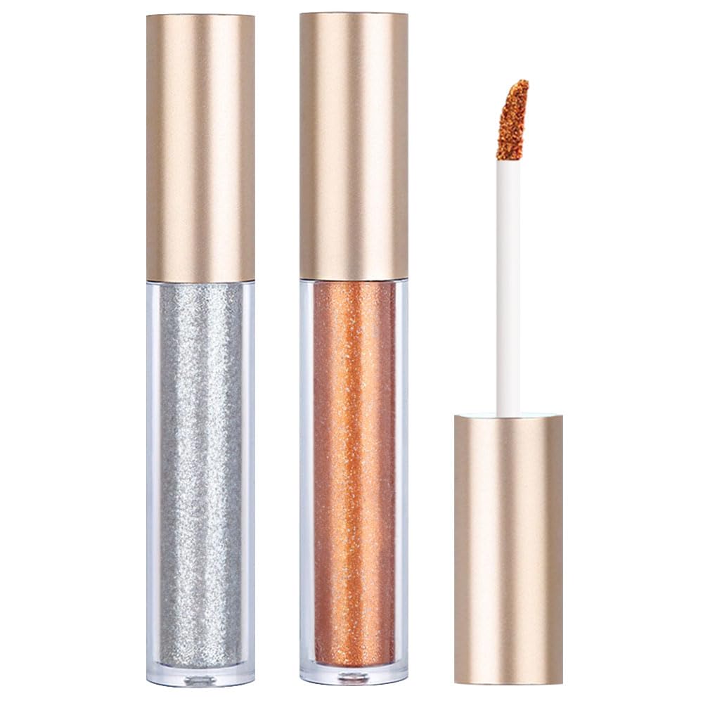 CAKAILA 2Pcs Brown Black Liquid Metallic Glitter Eyeshadow Stick Set, Opaque, Gel-Based Formula, Long Lasting, Quick-Drying, Multi-Dimensional Eye Makeup
