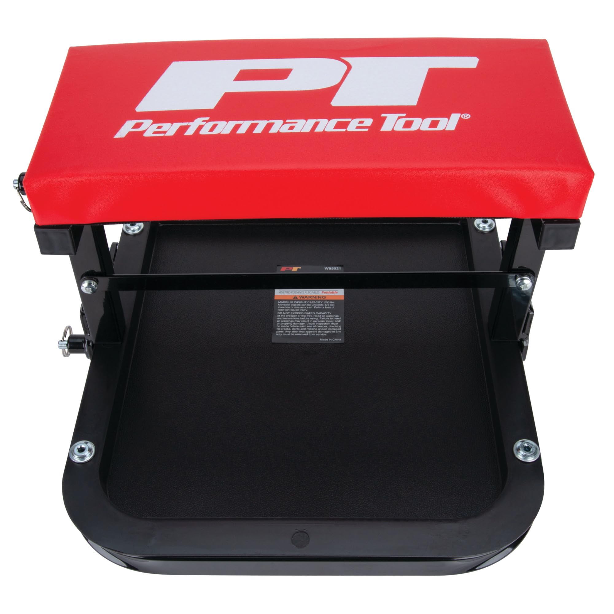 Performance Tool W85021 Folding C-Frame Creeper Rolling Work Seat with Tool Tray for Mechanic Garages and Workshops, Black/Red, 12.5-inch Height