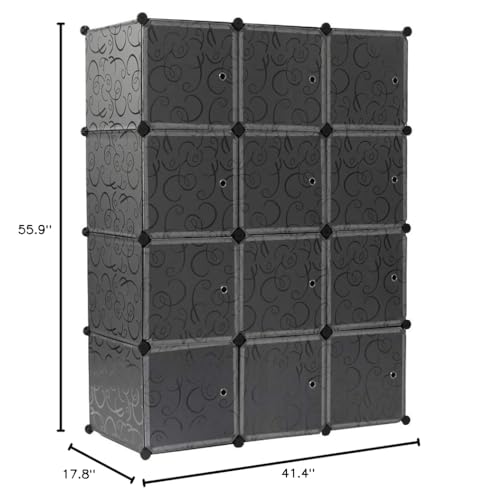 VINGLI Cube Storage, 12 Cube Organizer Shelves, Plastic Closet Cabinet, DIY Modular Storage Cube Organizer with Doors for Bedroom Living Room Office, Black
