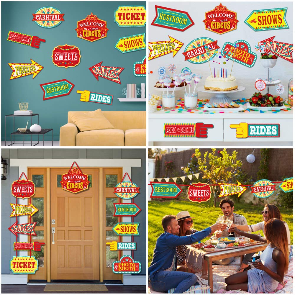 KATUMO Carnival Decorations, 11 Pcs Large Circus Carnival Signs Circus Theme Party Signs Carnival Party Supply Decor Paper Cutouts with Glue Point Dots and 2 Ropes