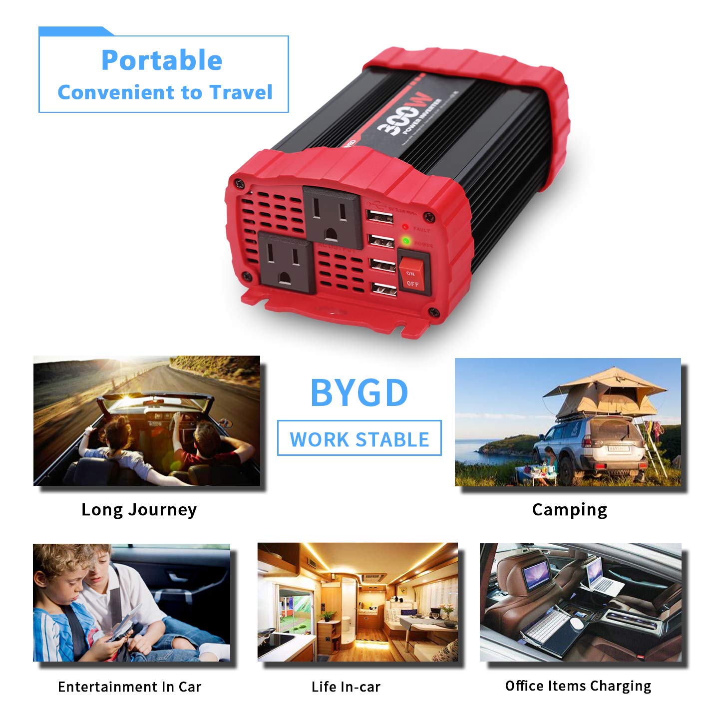 BYGD 150W Car Power Inverter, DC 12V to 110V AC Converter with Dual 2.4A USB Charging Ports Cigarette Lighter Socket Adapter