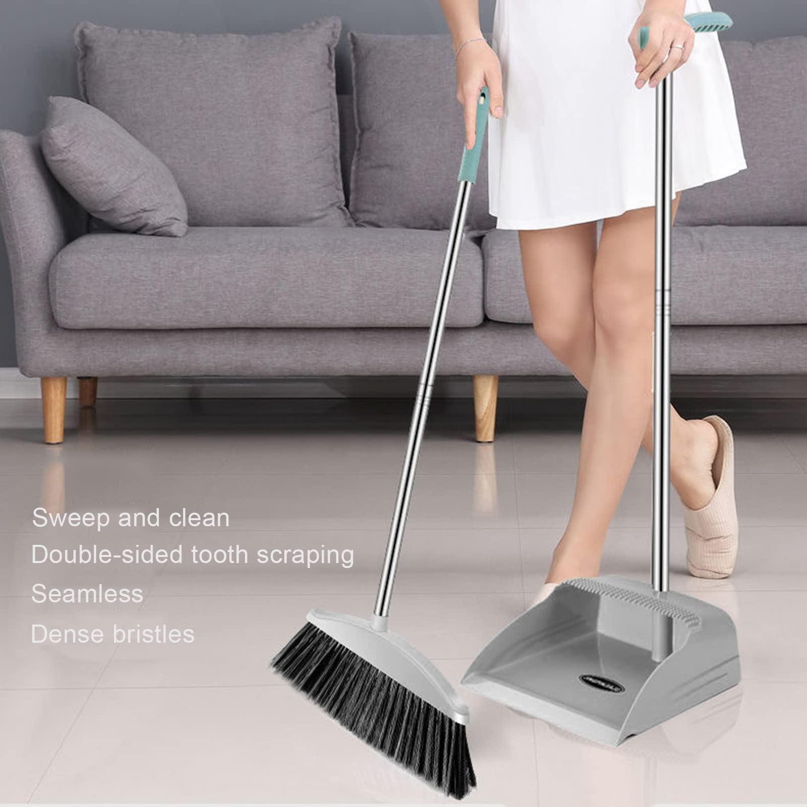 Broom Dustpan Comb Set, Broom and Dustpan Set, Long Handle Broom with Standing Dustpan Broom with Dustpan Upright Standing Dustpan Combo and broom set