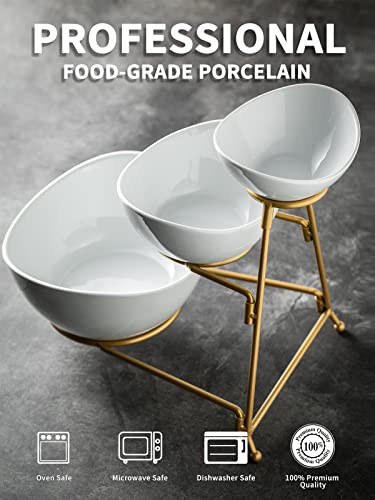 LAUCHUH 3 Tier Serving Stand Chip and Dip Serving Set Pocerlain Oval Bowl Set with Stand White Serving Bowl for Entertaining Tiered Tray Decor for Halloween Countertop Gold
