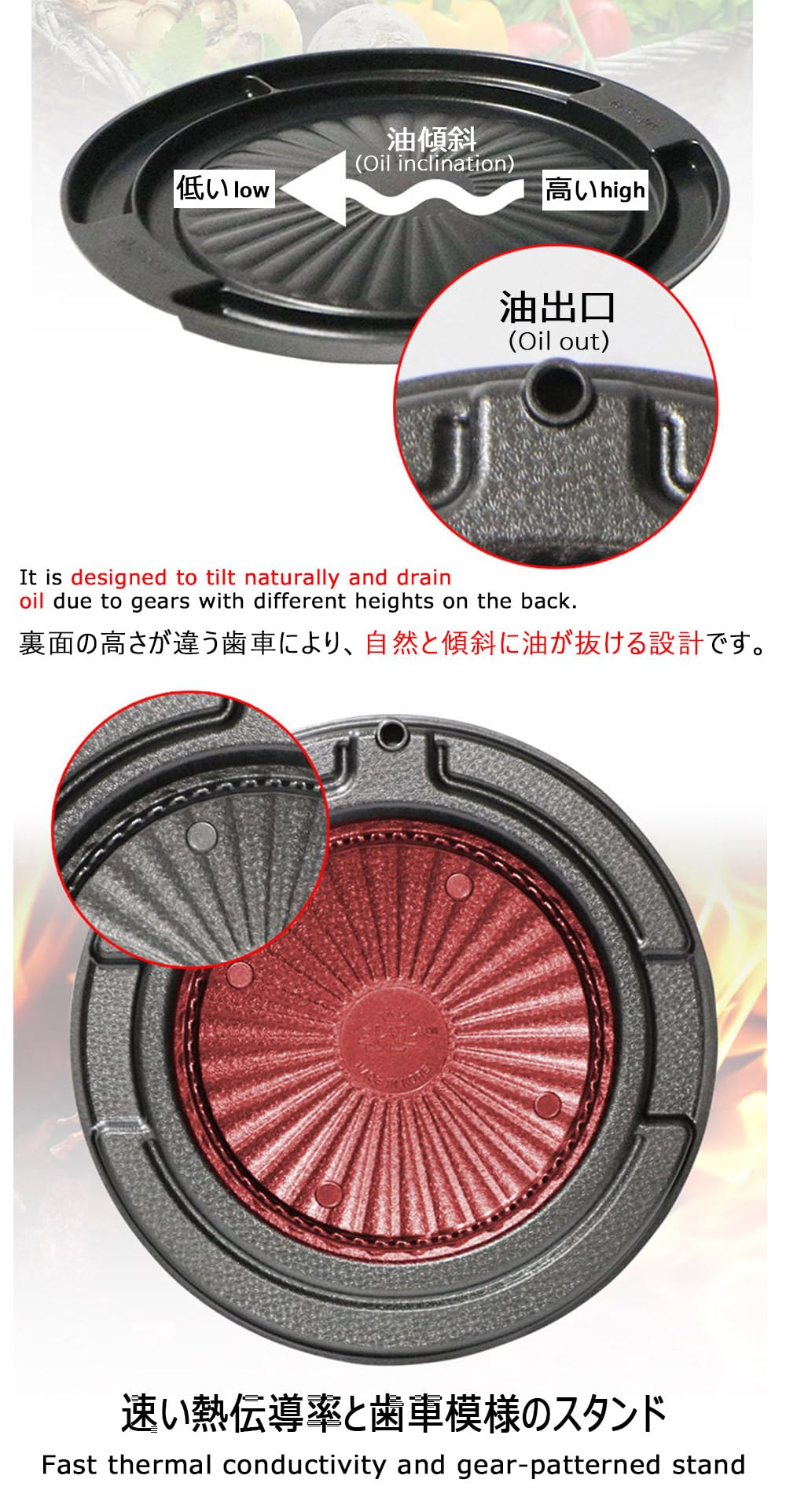 KAZARIKO Korean BBQ Egg Grill Pan Indoor & Outdoor Perfect for Pork Belly Nonstick Cast Aluminum Plate 11.8" Size