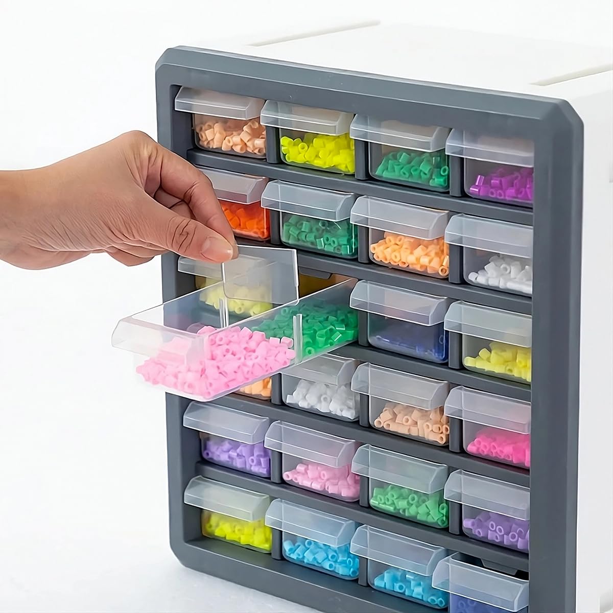 EZOWare Art Craft Storage Organizer Box, 24 Pull-Out Drawer Stackable Clear Plastic Divided Adjustable Container Bins for Small Parts, Scrapbook, Hobby, Sewing Supplies, Jewelry - White/Gray