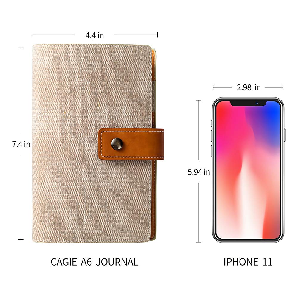 CAGIE A6 Refillable Faux Leather Traveler Notebook Binder Journals 6 Ring Binder Personal Organizer Travel Diary for Women Men Lined Grid Blank Paper with Calendar Light Khaki