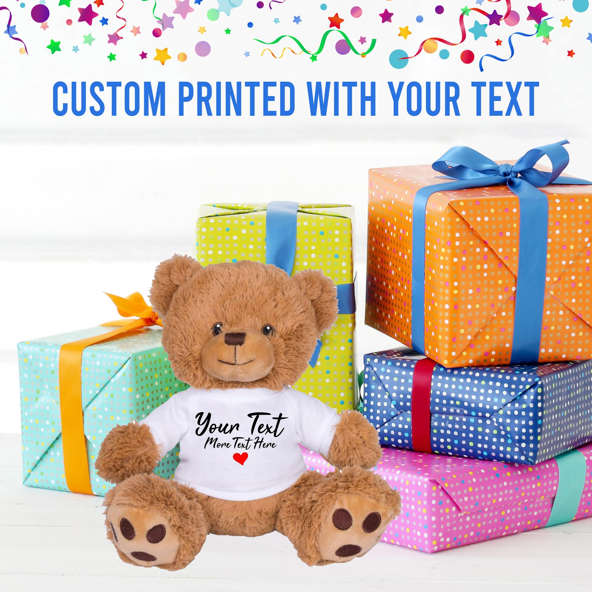 TeesAndTankYou Custom Teddy Bear 8 Inch with Custom Text, Personalized Gift for Anniversary, Graduation, Brown Stuffed Animal White Shirt YT