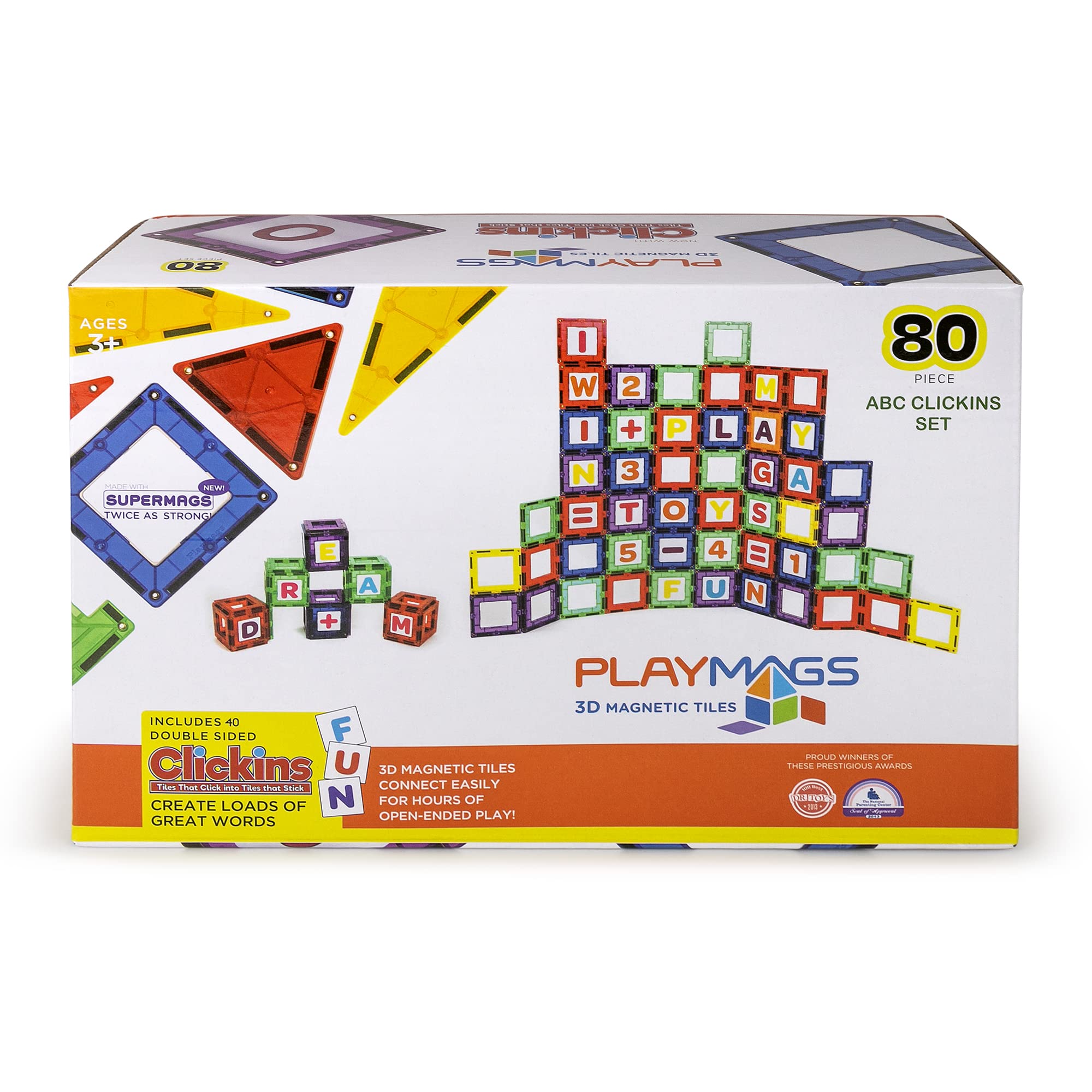 Playmags Magnetic Tile Building Set: Exclusive Educational Clickins – 80-Pc. Kit: 40 Super Strong Clear Color Magnet Tiles Windows & 40 Letters & Numbers – Stimulate Creativity & Brain Development