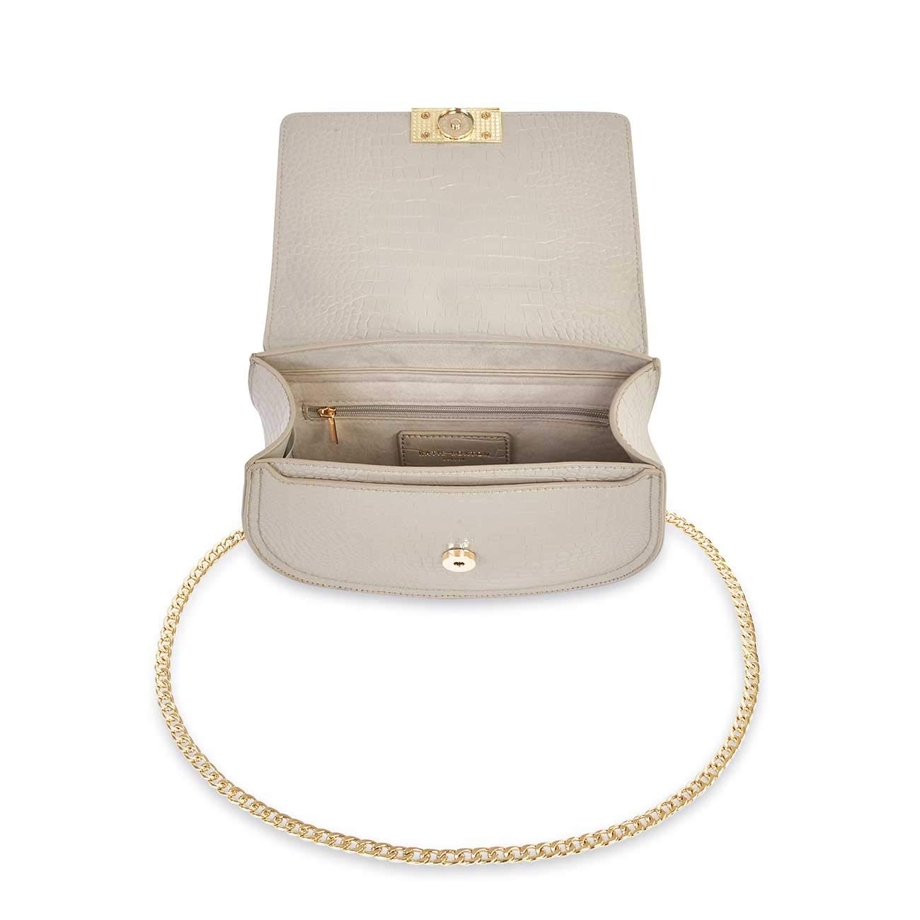 KATIE LOXTON Faux Crocodile Womens Vegan Leather Adjustable Versatile Crossbody Saddle Bag Stone