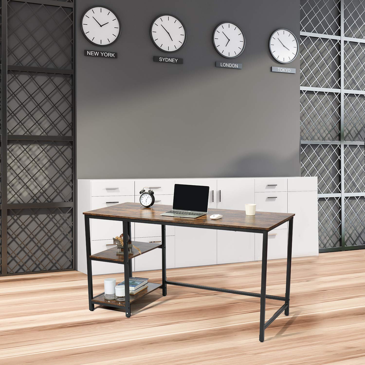 CHADIOR Industrial Desk, 55 Inch Work Surface, Wooden Writting Workstation, Simple Gaming Computer Table with Shelves, for Small Space, Home Office, Bedroom, Rustic Brown