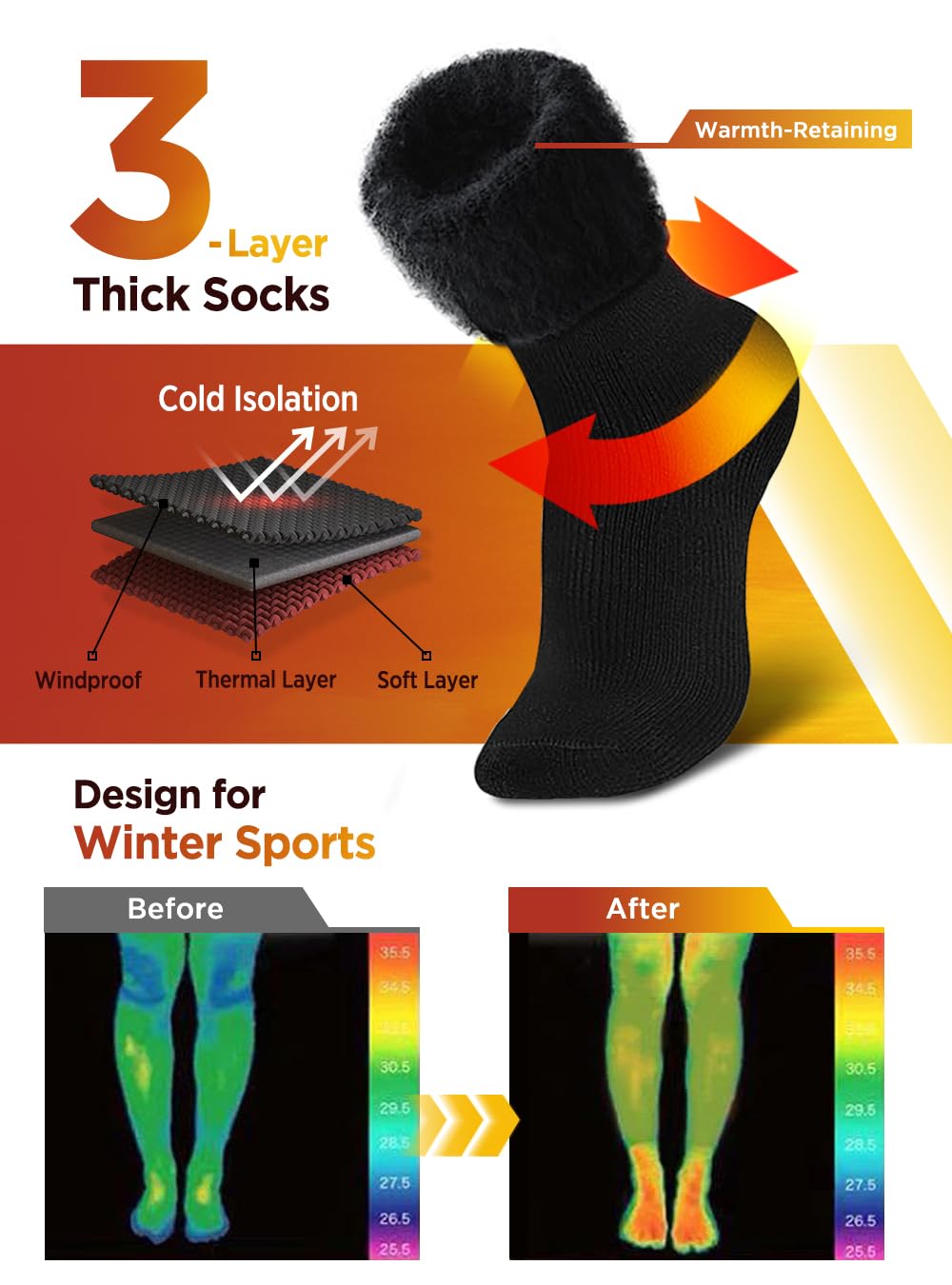 Bymore 2Pairs Thermal Socks for Men,Heated Thick Crew Socks,Warm Winter Socks Insulated Cold Weather