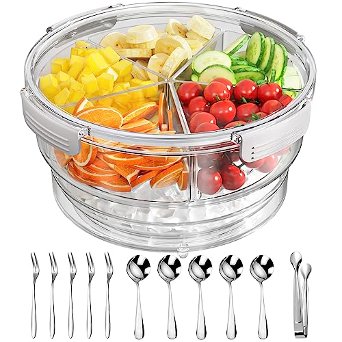 caktraie Condiment Tray [with 360° Rotating Tray Turntable] Stainless Steel 5 Spoons, 5 Forks and 1 Clip, Bar Ice Fruit Holder, Condiment Server, Compartment Tray with Lid