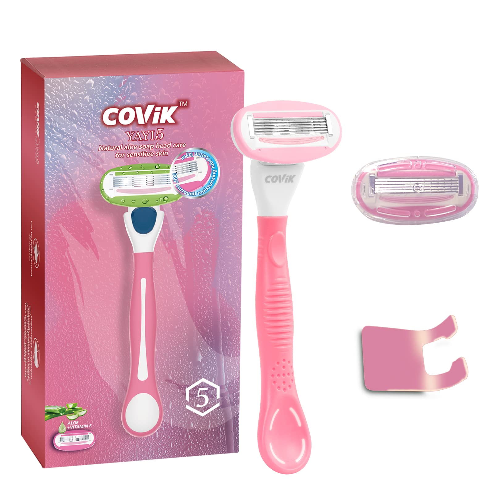 COVIK Razors for Women, 5 Blade Womens Razors for Shaving, Razor for Women Sensitive Skin Smooth Shaving include 1 Non-Slip Razor Handle, 2 Razor Blade Refills, 1 Hook, Pink