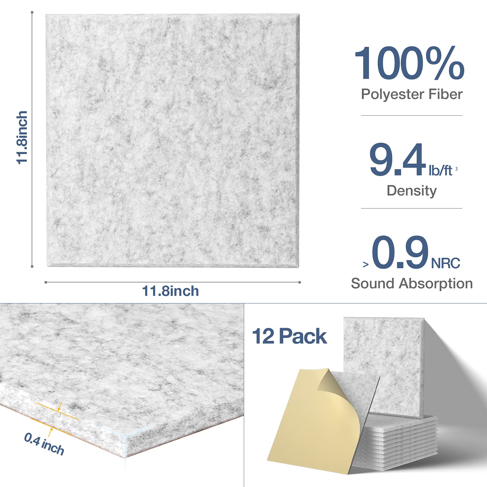 Lebenforce 12 Pack Self-Adhesive Acoustic Panels, 12" X 12" X 0.4" High-Density Polyester Soundproof Wall Panels, Sound Absorbing Panel for Home & Office (Gray)