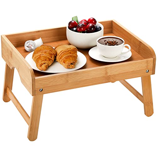 Lawei 2 Pack Bamboo Bed Tray Table with Foldable Legs, Portable Lap Tray Table for Serving Breakfast in Bed, Food Snack Tray for Bed, Sofa, Outdoor, Working, Eating, Drawing, Ideal for Kids, Adult