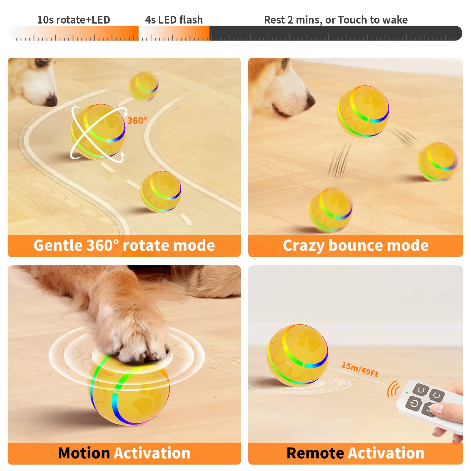Bysunty Interactive Dog Ball Toy for Medium Small Dogs, Active Rolling Ball with Light-Up & Remote Control, Automatic Puppy Pet Birthday Gift Yellow