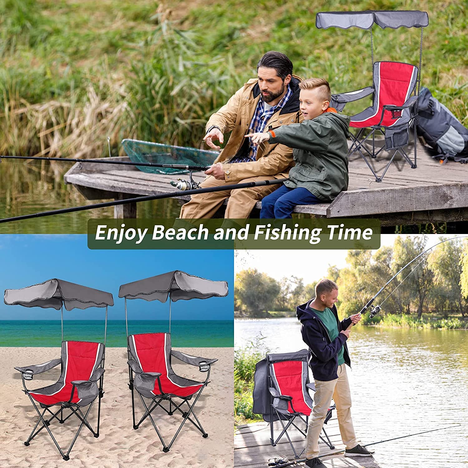 CAMP SOLUTIONS Camp Chair with Shade Canopy， Folding Camping Chairs for Adults， Portable Chair Recliner Support with Carrying Bag