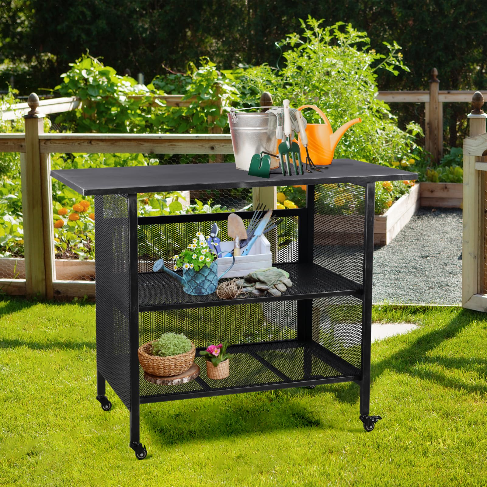 BOKKOLIK Industrial Mobile Kitchen Cart Rustic 3 Tier Rolling Serving Cart with Locking Casters Metal Mobile Kitchen Island Stand Cart on Wheels-47.2 * 23.6 * 36.6inch L*W*H (Metal Top)
