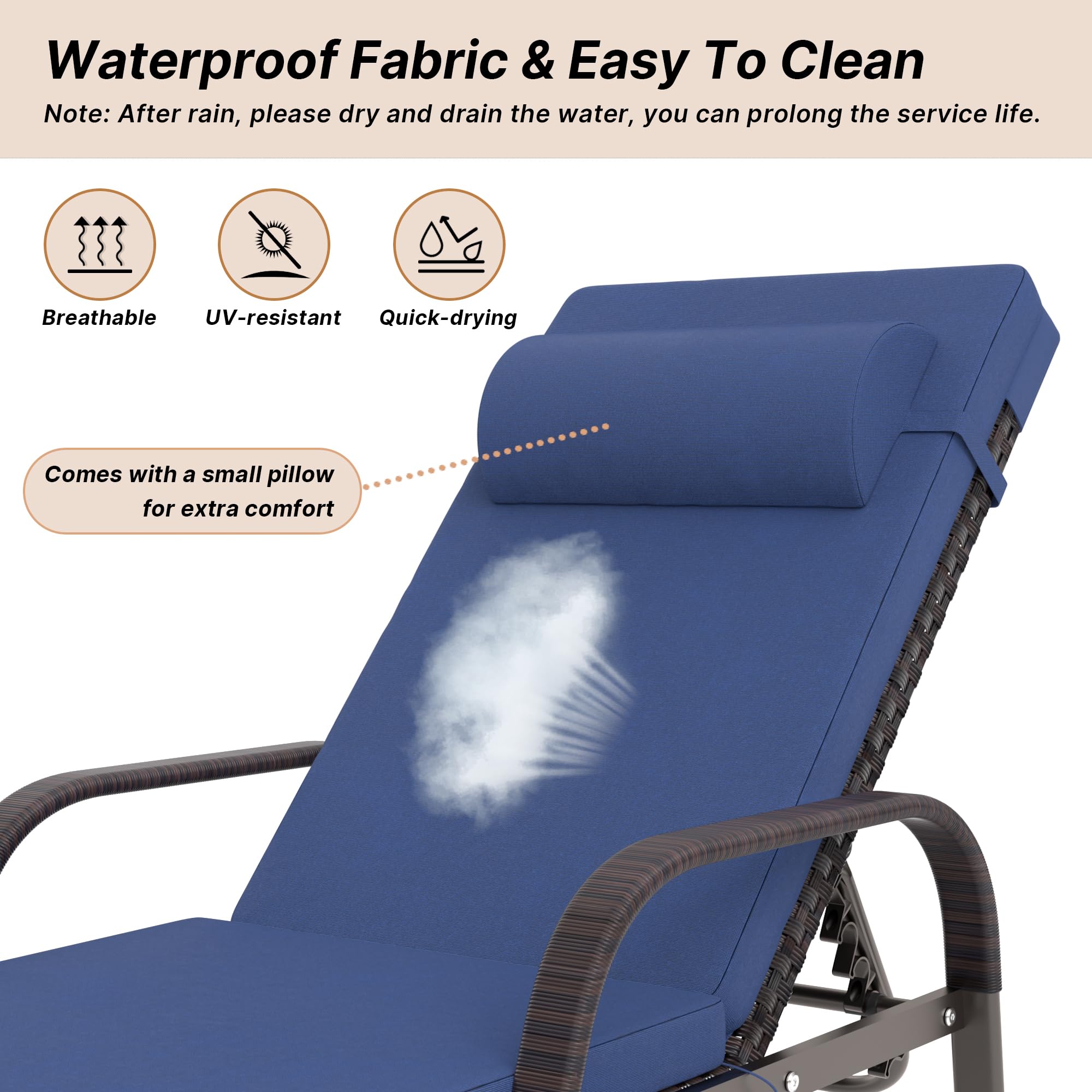 Gotland Patio Chaise Lounge Sets Outdoor Armchair Recliner Rattan Adjustable Back 3 Pieces Cushioned Patio Folding Chaise Lounge with Folding Table
