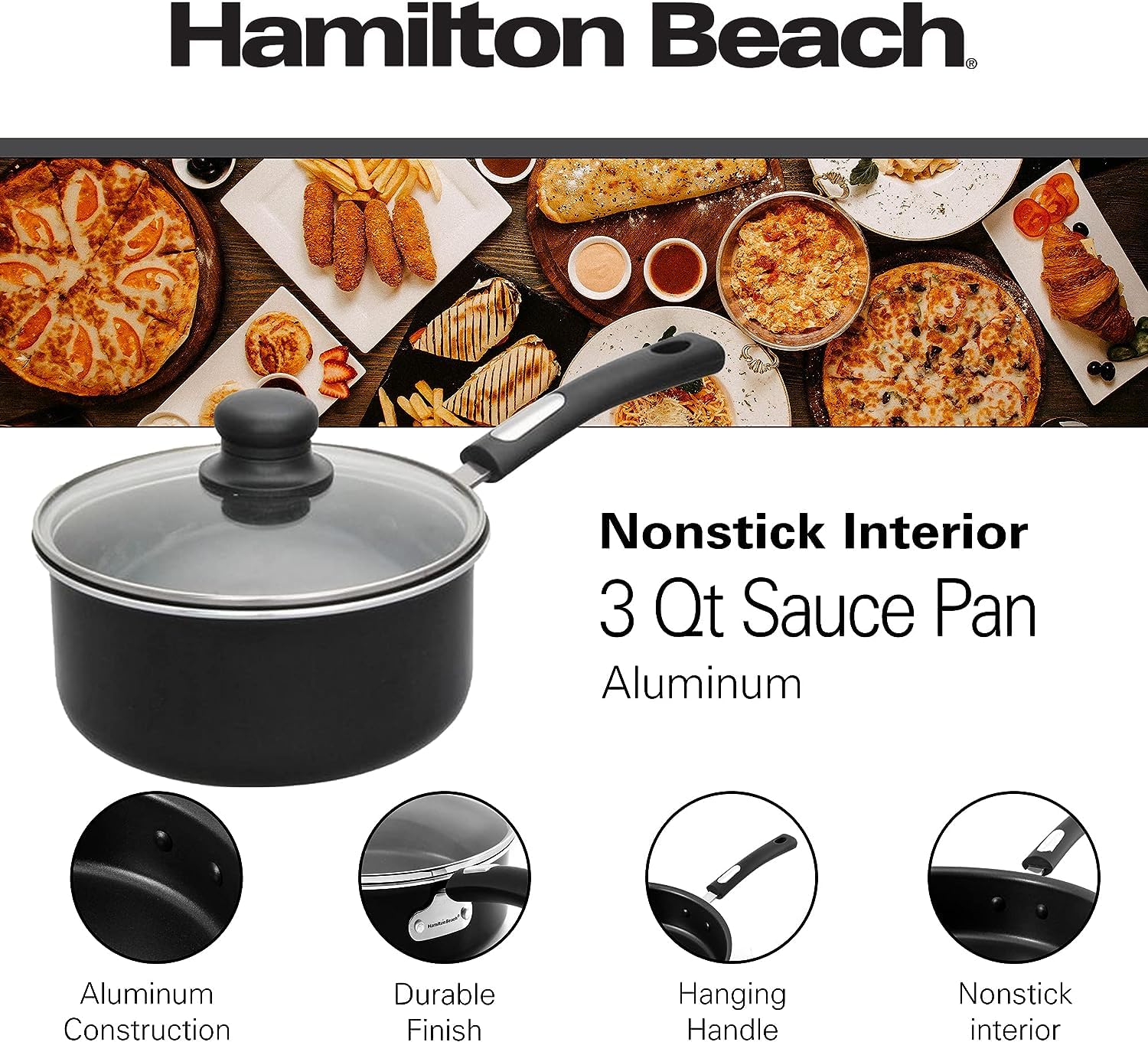 Hamilton Beach Nonstick Covered Sauce Pan 3-Qt - Black Aluminum Saucepan with Soft Touch Bakelite Handle & Glass Lid - Flared Edge - Spiral Bottom, Multipurpose Use - Durable & Dishwasher Safe