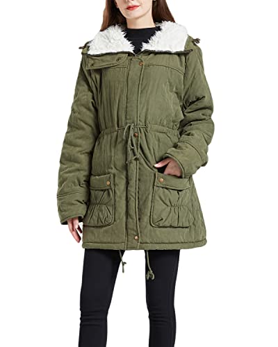 MEWOW Women's Winter Mid Length Thick Warm Faux Lamb Wool Lined Jacket Coat (M, ArmyGreen)