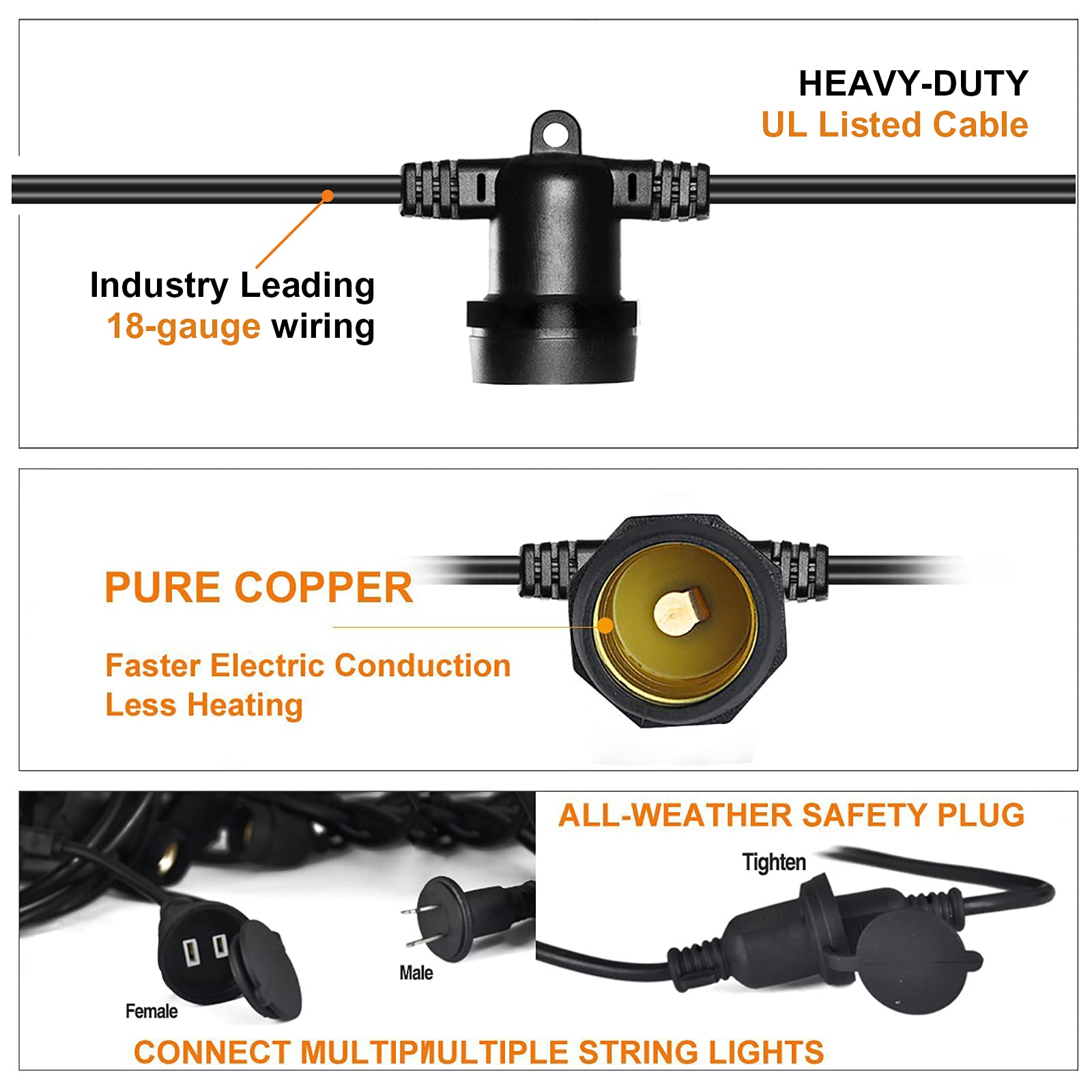 BRTLX Outdoor String Lights, Connectable IP65 Waterproof 100Ft S14 LED String Patio Lights with 30 Hanging Sockets and 32 x 1W Energy Saving LED Bulbs(2 Spare) E26 Base Warm White 2700K for Cafe Porch