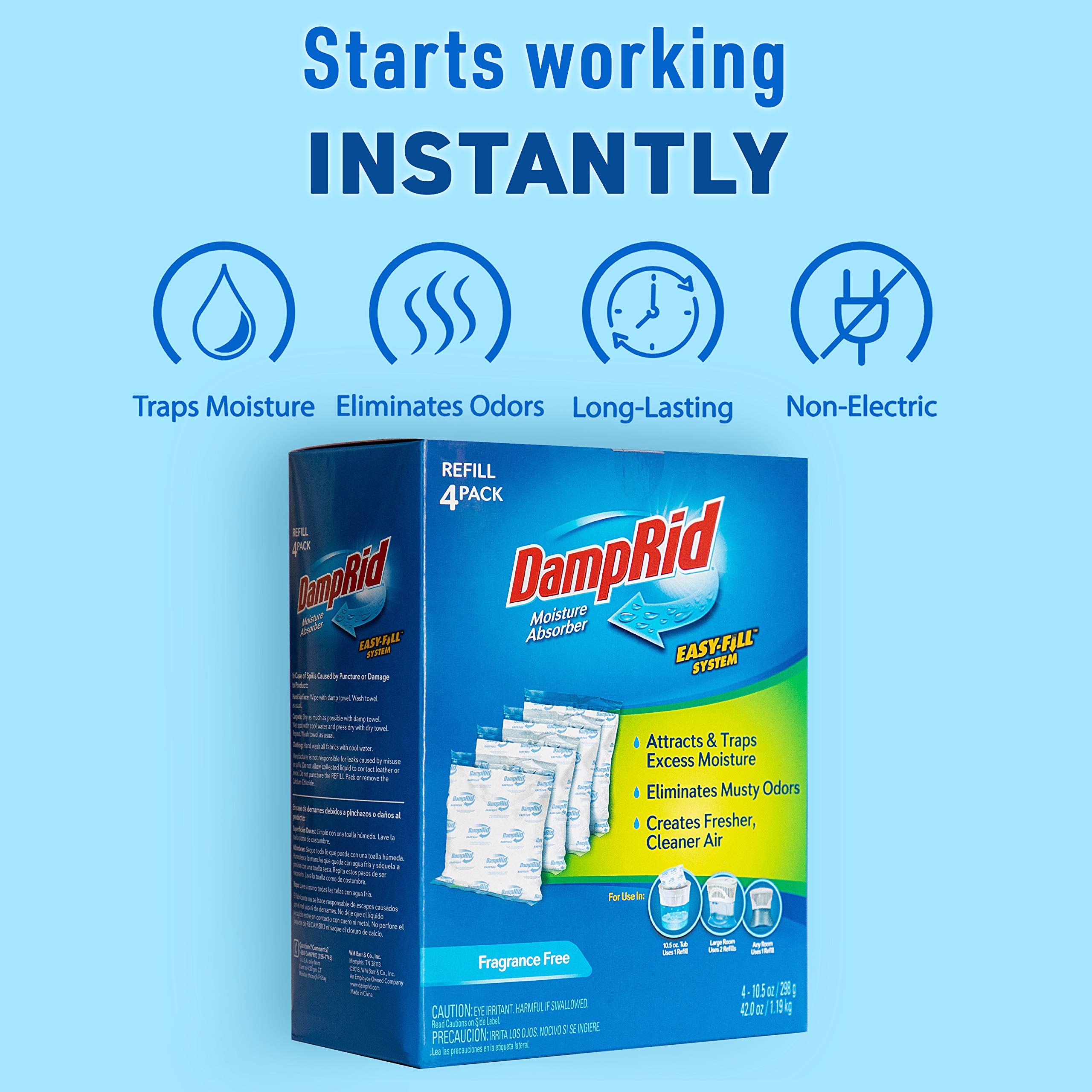 DampRid 10.5 oz Fragrance Free Absorber Easy Fill Refill Packs-4 Count β Attracts & Traps Moisture for Fresher, Cleaner Air, Blue/White