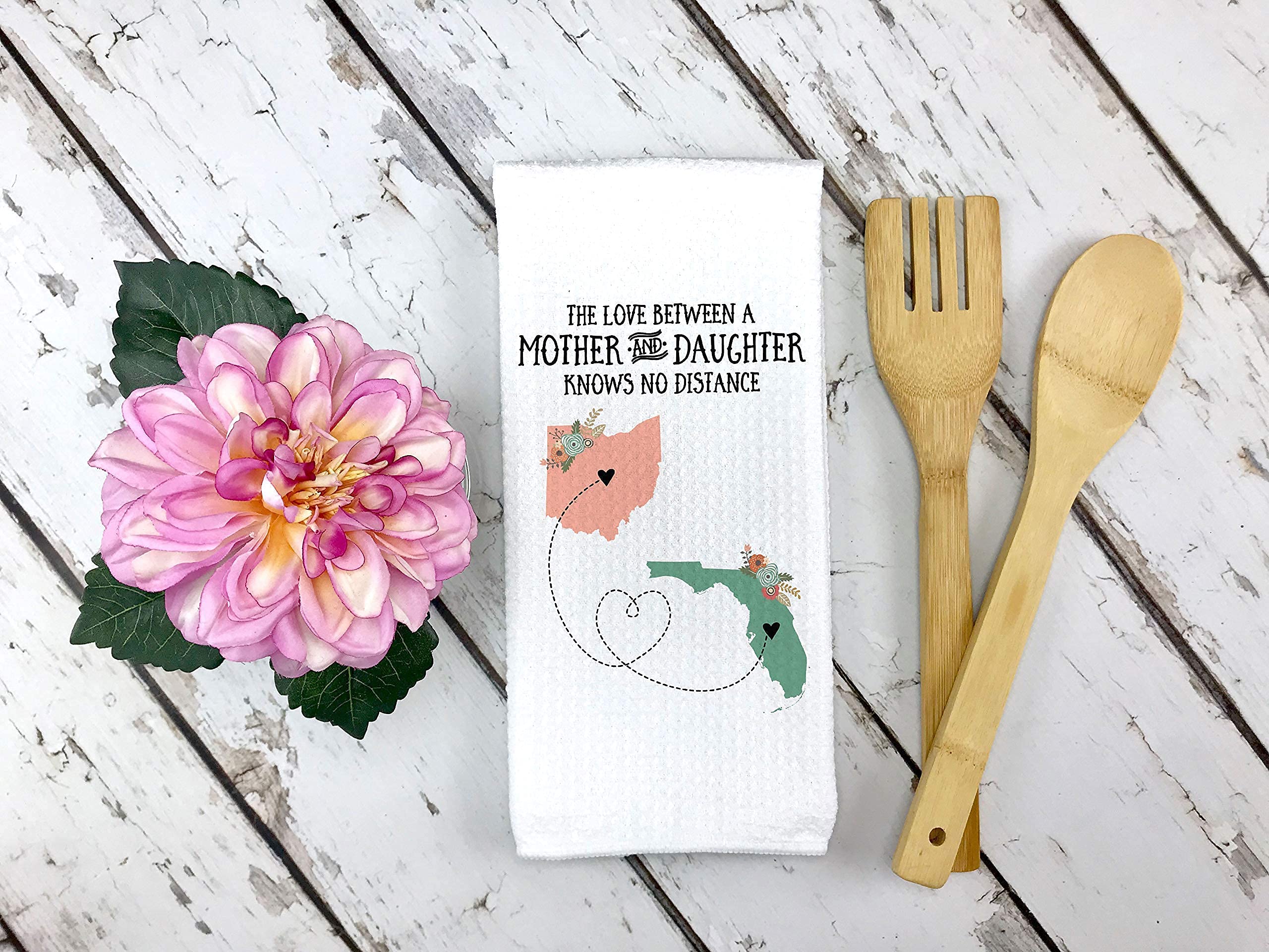 CANARY ROAD Personalized Kitchen Towel | Two State Mother Daughter | Gift For Mom | Gift For Her | Mother Present | Mothers Day Gift | Long Distance Map Gift | Unique Mom Gift | Gift for Daughter