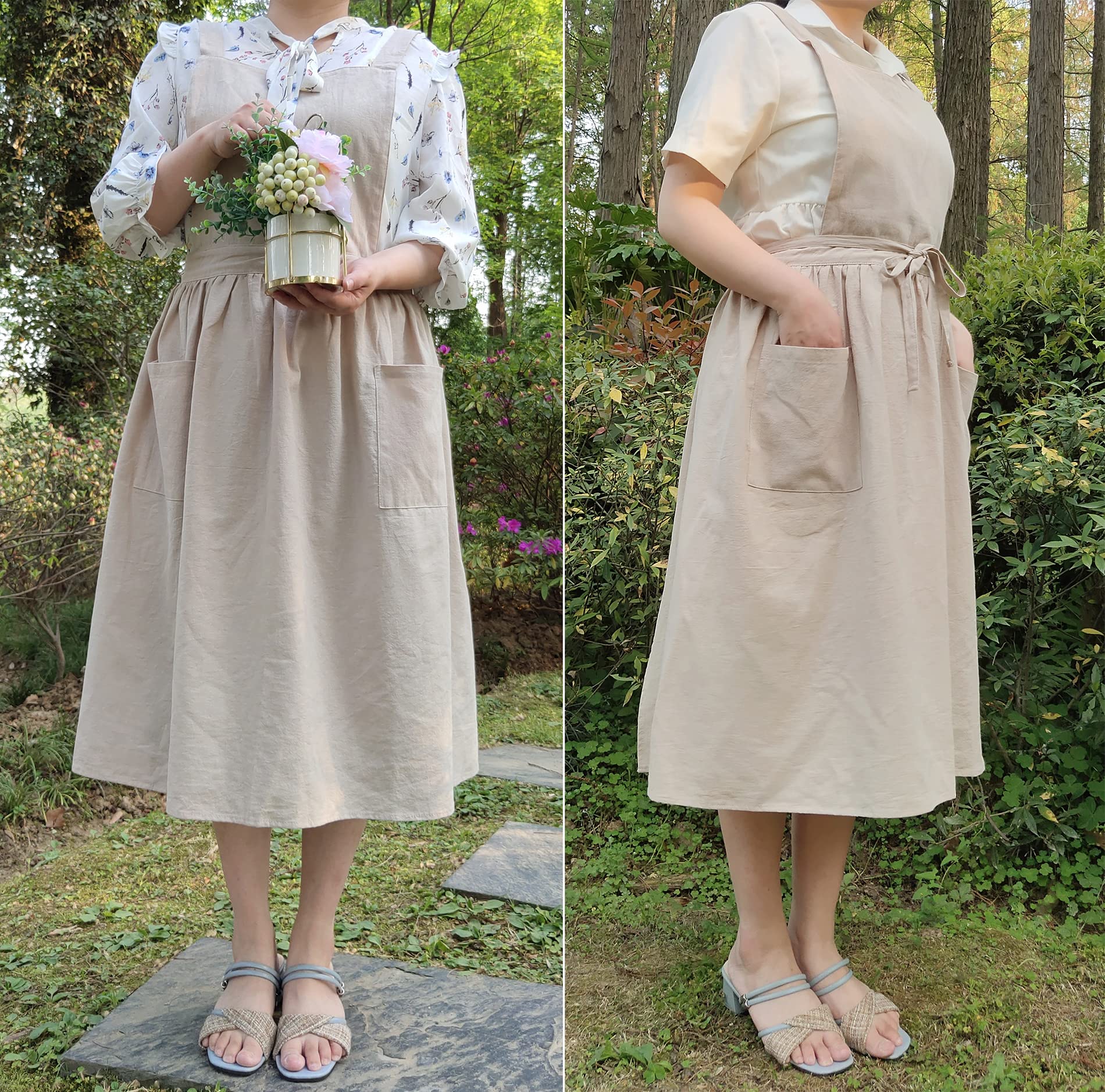 Cute Retro Cotton Linen X-Back Aprons Home Kitchen Garden Art Painting Pinafore Florist Shop Overalls (Beige, 39L)