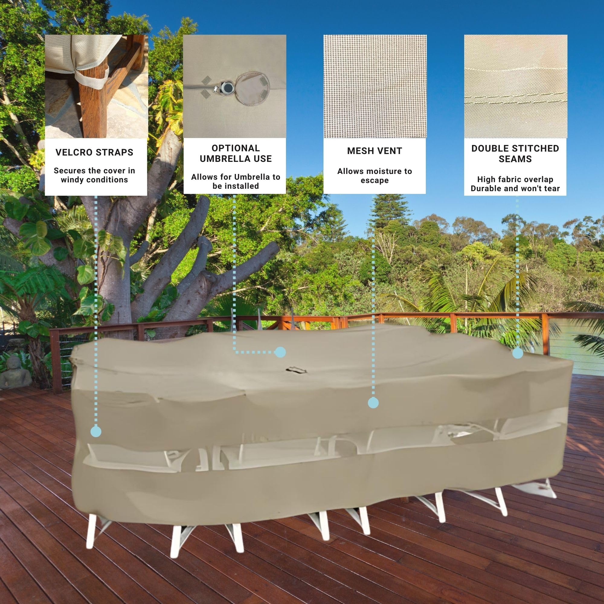 Formosa Covers | Premium Outdoor Patio Table Set Cover with Hole for Umbrella | 120" L x 86" W x 38" H | Weatherguard Material | Taupe