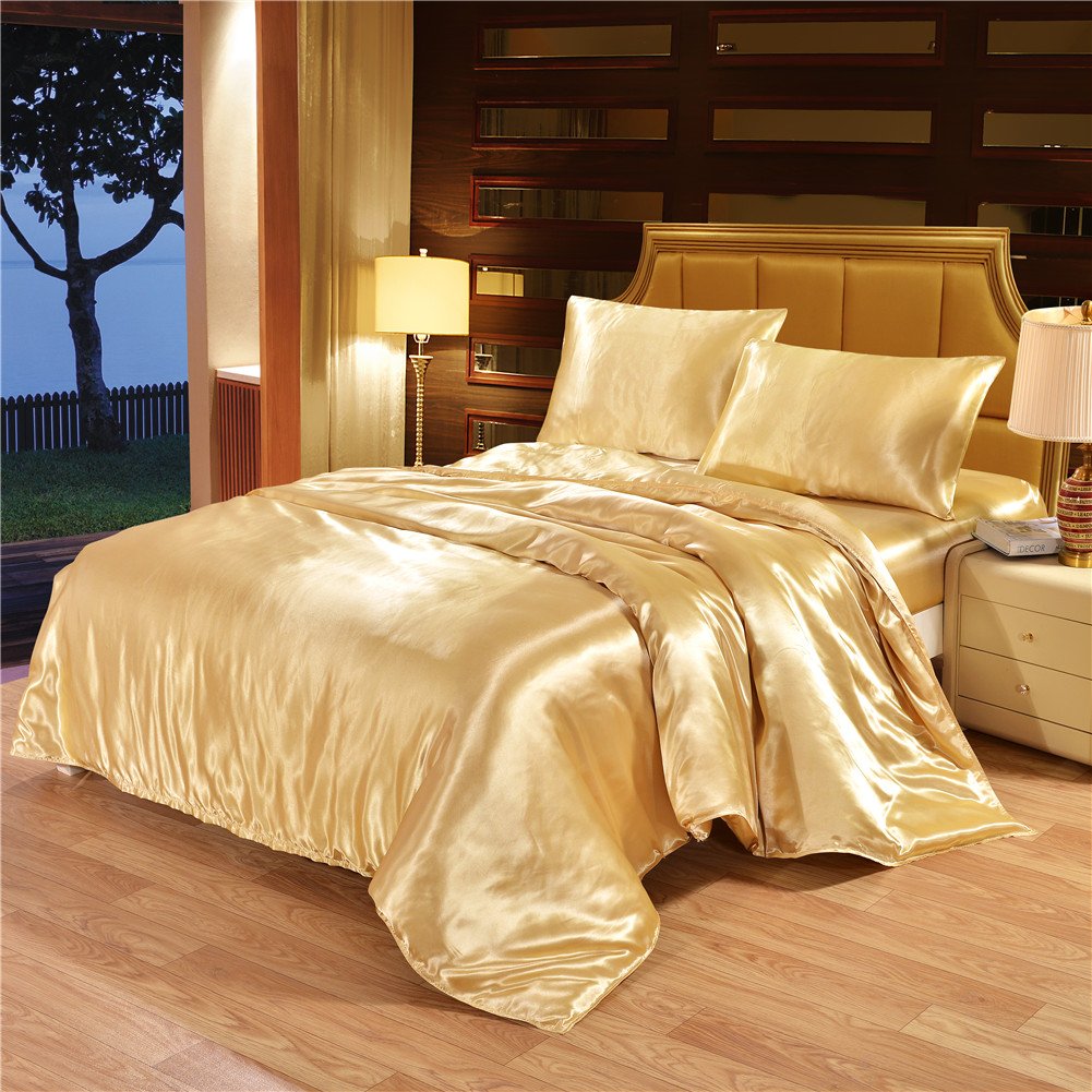 DREFEEL Hotel Quality Golden Duvet Cover Set Twin/Single Size Satin Silk Like Bedding with Hidden Zipper Ties, Soft Smooth Durable Stain Resistant Quilt/Comforter Cover Set