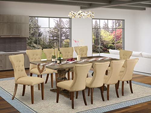 East West Furniture LAGA11-78-03 11 Piece Dining Table Set Includes a Rectangle Dining Room Table with Butterfly Leaf and 10 Brown Linen Fabric Upholstered Chairs, 42x92 Inch, Jacobean