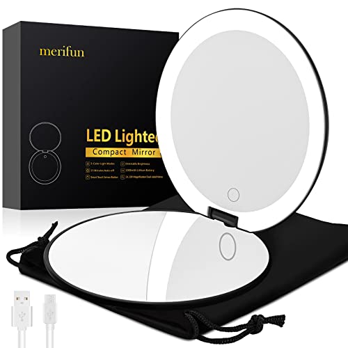 LED Lighted Travel Makeup Mirror, Rechargeable Large 5" 1x/10x Magnifying- Medical Grade LED, 3 Colors Settings & Brightness Adjustable- Portable, Touch Screen Compact Mirror w/Brighter Light (Black)